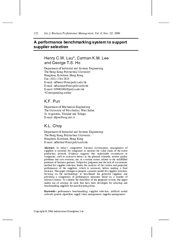 (PDF) A performance benchmarking system to support supplier selection