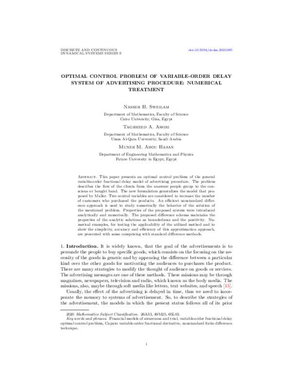 (PDF) Optimal control problem of variable-order delay system of advertising procedure: Numerical ...
