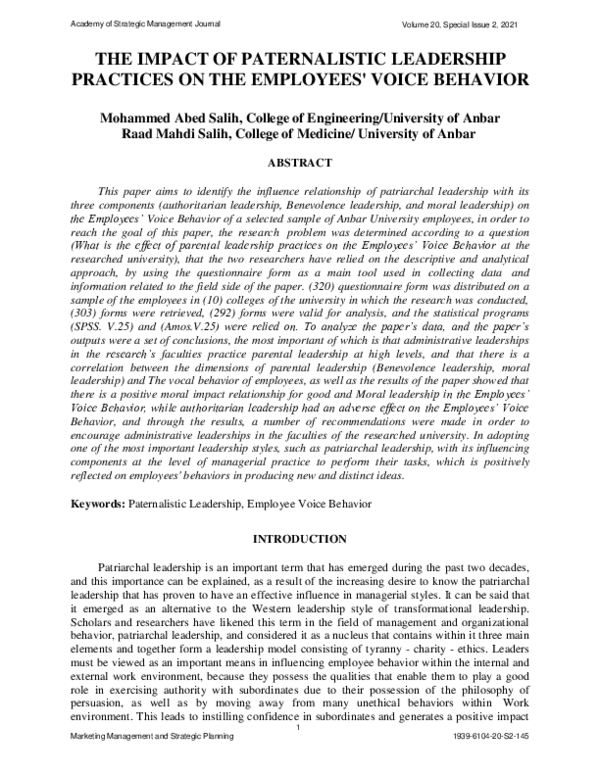 (PDF) The impact of paternalistic leadership practices on the employees voice behavior