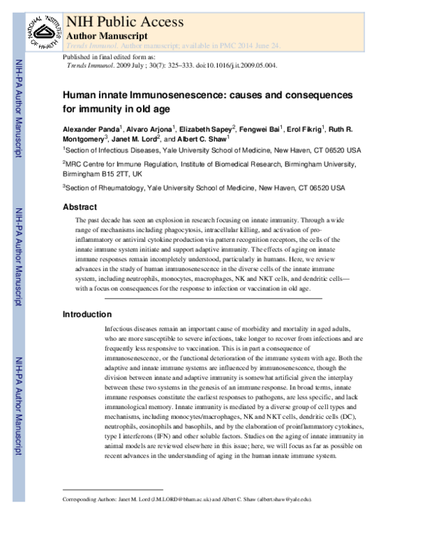 (PDF) Human innate immunosenescence: causes and consequences for ...