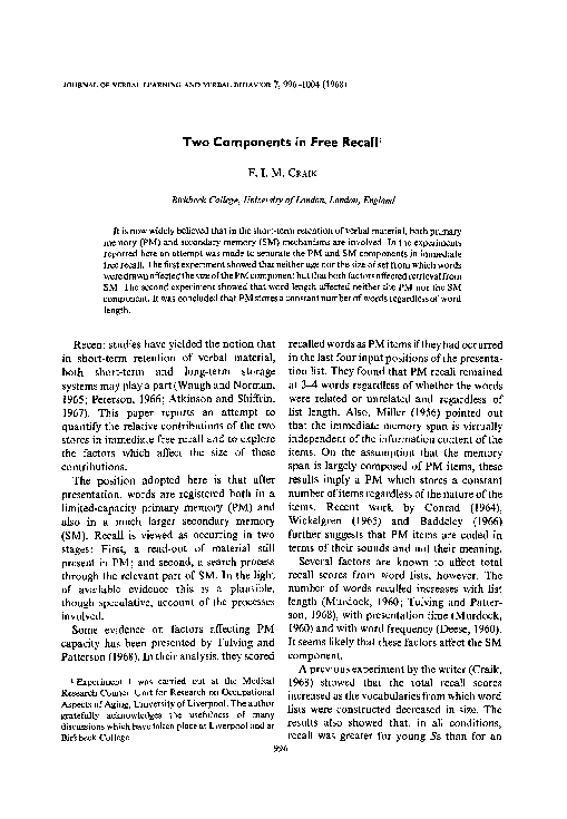 (PDF) Two components in free recall