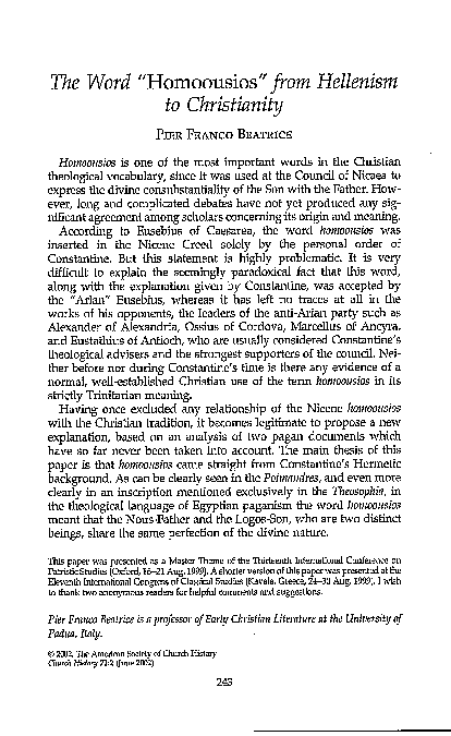 (PDF) The Word “Homoousios” from Hellenism to Christianity