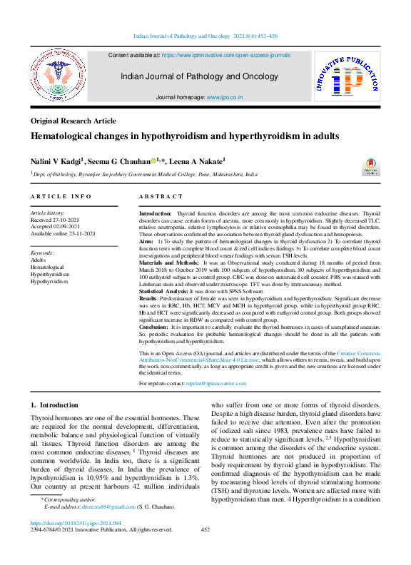 (PDF) Hematological changes in hypothyroidism and hyperthyroidism in adults