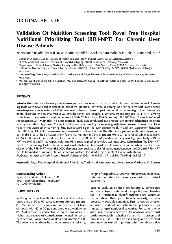 (PDF) Validation Of Nutrition Screening Tool: Royal Free Hospital ...