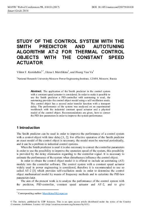 (PDF) Study of the Control System With the Smith Predictor and Autotuning Algorithm AT-2 for ...