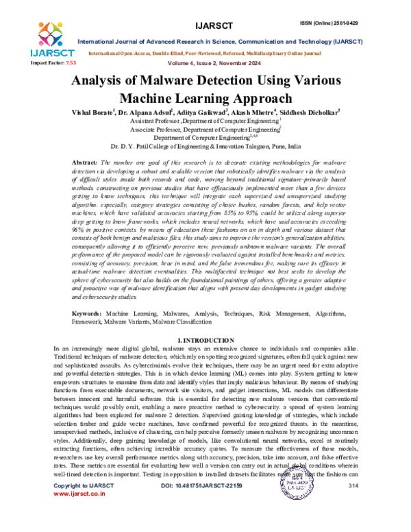 (pdf) Analysis Of Malware Detection Using Various Machine Learning Approach