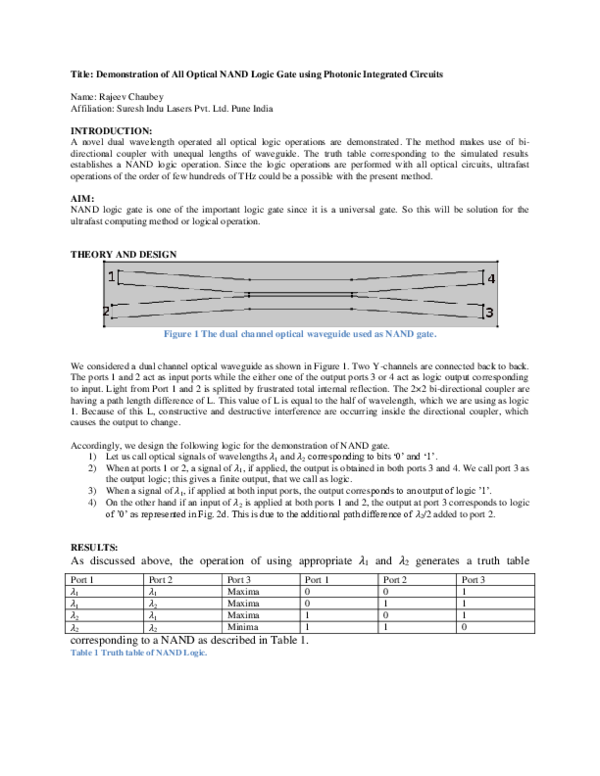 (PDF) Demonstration Of All Optical Nand Logic Gate Using Photonic ...