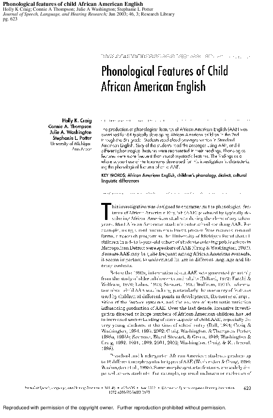 (PDF) Phonological Features of Child African American English