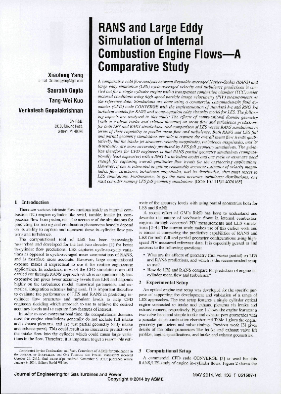 (PDF) RANS and Large Eddy Simulation of Internal Combustion Engine Flows—A Comparative Study