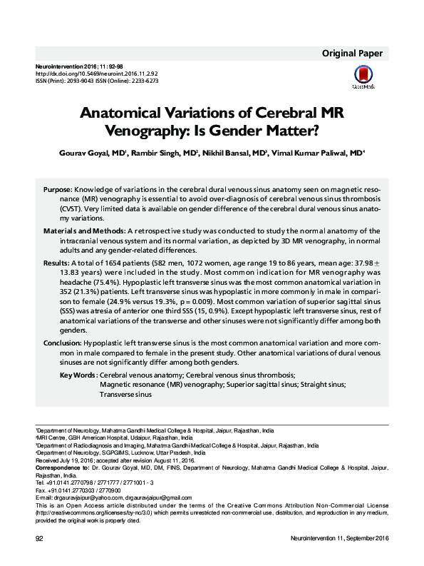(PDF) Anatomical Variations of Cerebral MR Venography: Is Gender Matter ...