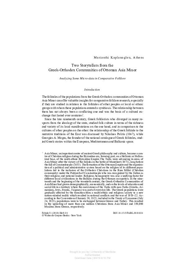 (PDF) Two Storytellers from the Greek-Orthodox Communities of Ottoman ...