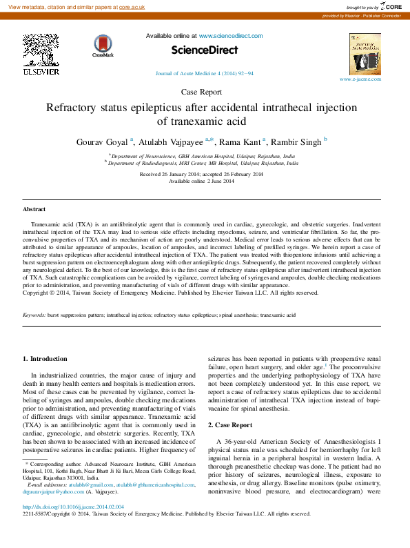 (PDF) Refractory status epilepticus after accidental intrathecal ...