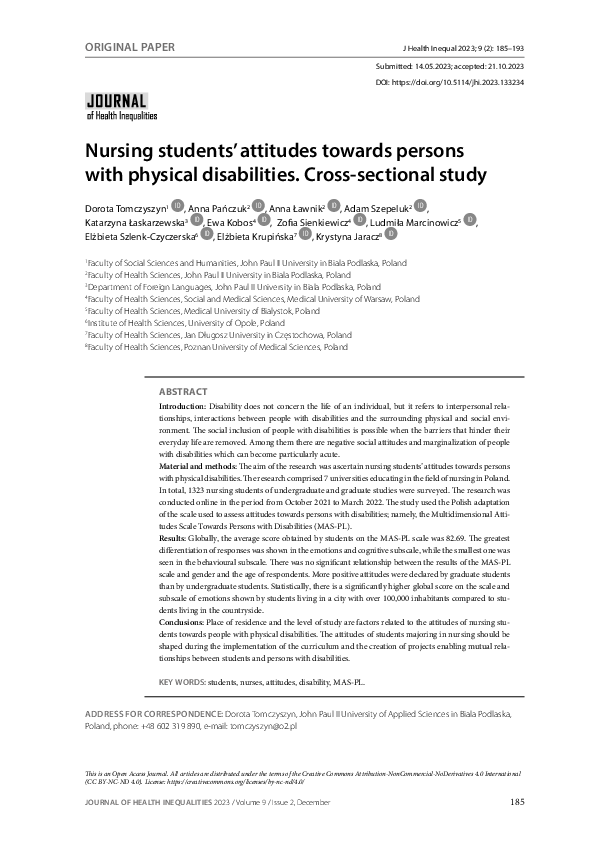 (PDF) Nursing students’ attitudes towards persons with physical disabilities. Cross-sectional study