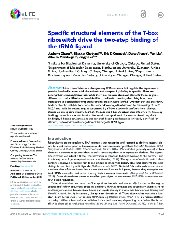 (PDF) Specific structural elements of the T-box riboswitch drive the two-step binding of the ...