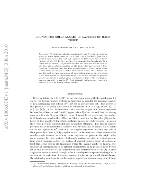(PDF) Bounds for solid angles of lattices of rank three | sinai robins - Academia.edu