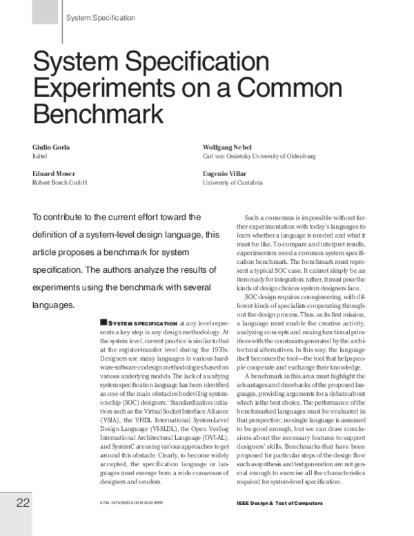 (PDF) System specification experiments on a common benchmark