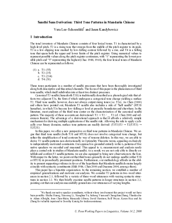 (PDF) Sandhi Sans Derivation: Third Tone Patterns in Mandarin Chinese