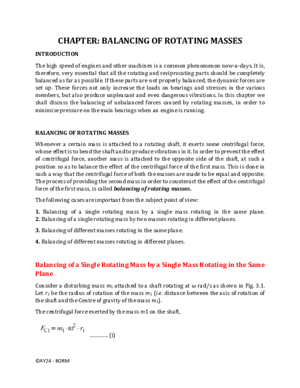 (PDF) CHAPTER - BALANCING OF ROTATING MASSES