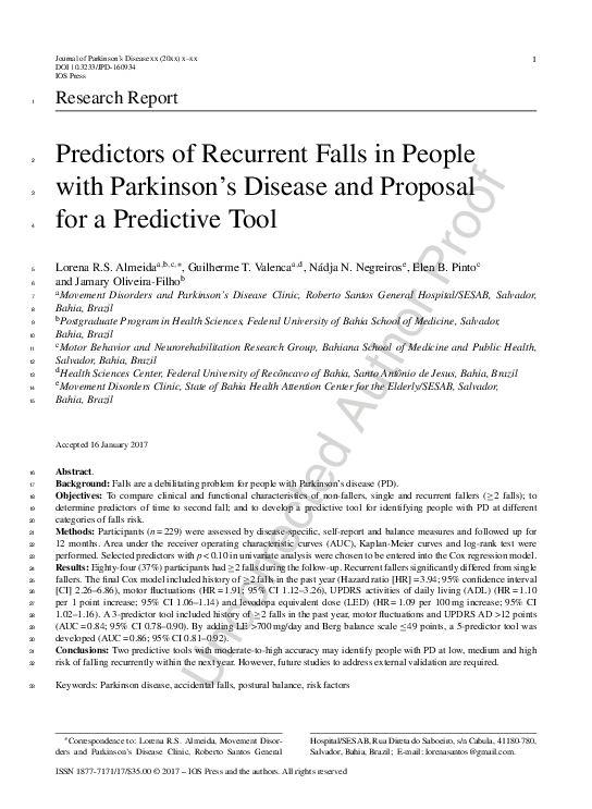 (PDF) Predictors of Recurrent Falls in People with Parkinson’s Disease ...
