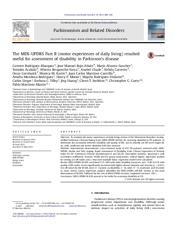 (PDF) A MDS-UPDRS Part II (motor experiences of daily living) score to ...