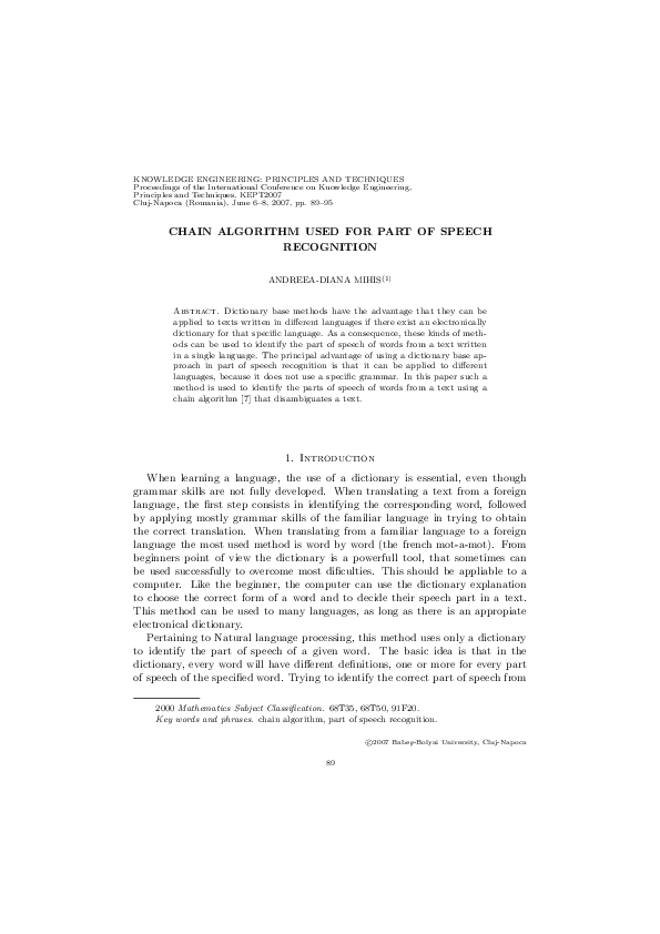 Pdf Chain Algorithm Used For Part Of Speech Recognition
