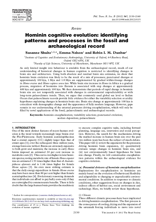 (PDF) Hominin cognitive evolution: identifying patterns and processes ...