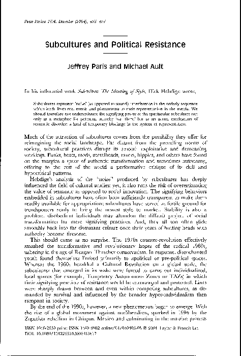 (PDF) Subcultures and Political Resistance