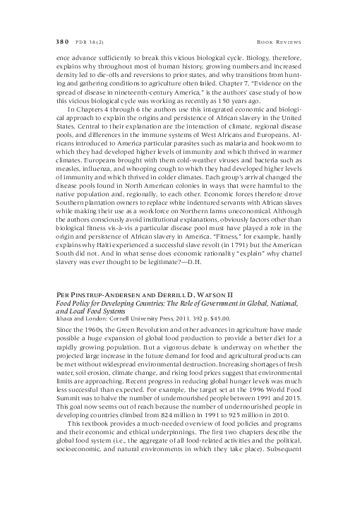 (PDF) Per Pinstrup‐Andersen and Derrill D. Watson II, Food Policy for ...