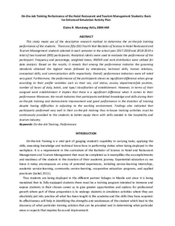 (PDF) OJT Performance evaluation of BS HRM-TM Students