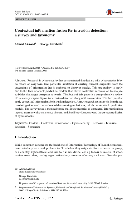 (PDF) Contextual information fusion for intrusion detection: a survey and taxonomy