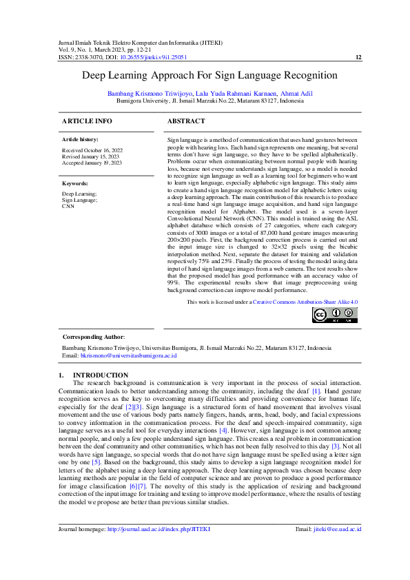 (PDF) Deep Learning Approach For Sign Language Recognition