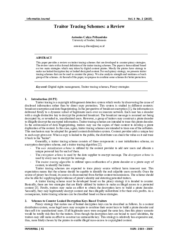 (PDF) Traitor Tracing Schemes: a Review