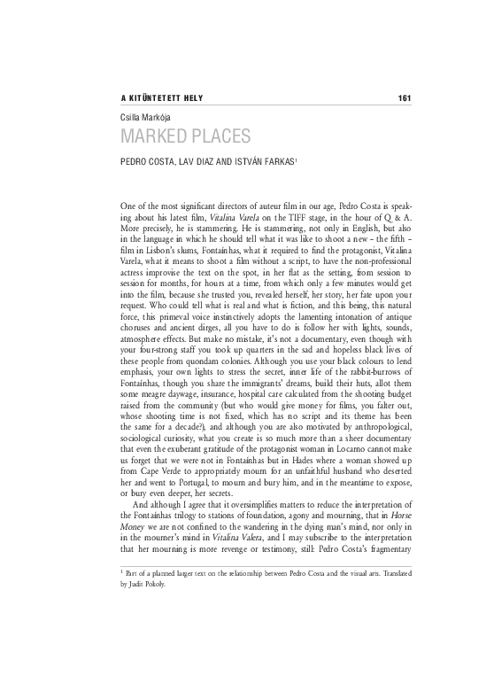 (PDF) Marked places. Pedro Costa, Lav Diaz and István Farkas (ENG)