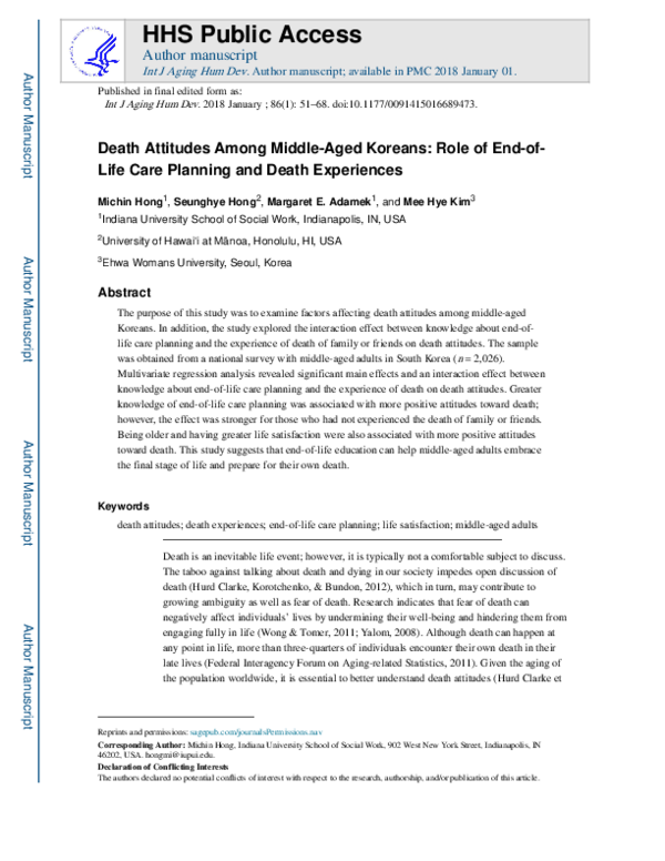 (PDF) Death Attitudes Among Middle-Aged Koreans: Role of End-of-Life ...
