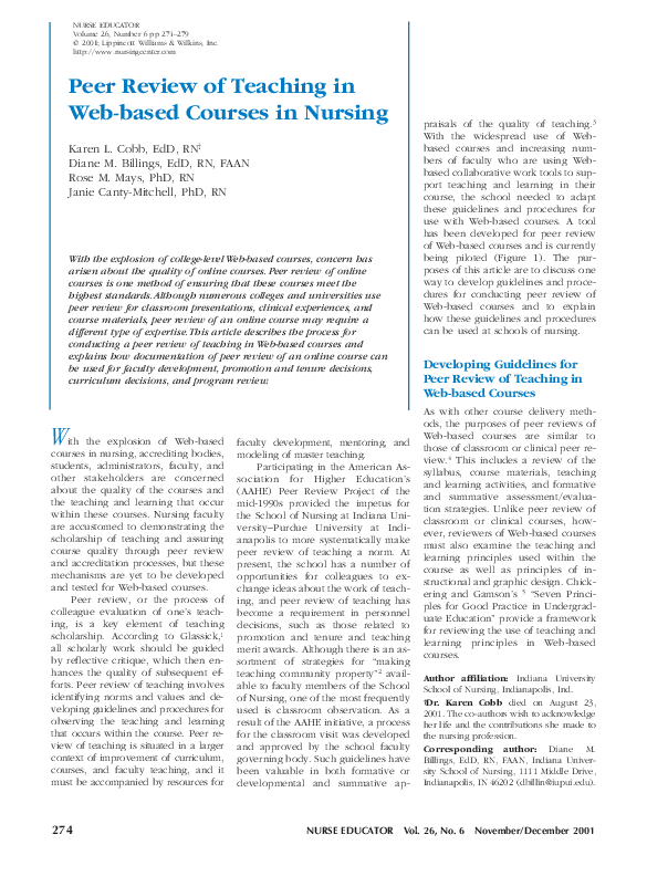 (PDF) Peer Review of Teaching in Web-based Courses in Nursing