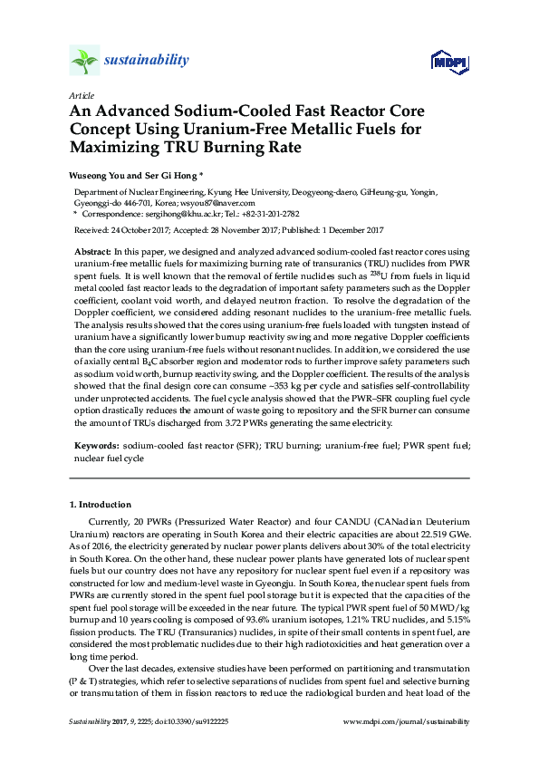 (PDF) An Advanced Sodium-Cooled Fast Reactor Core Concept Using Uranium-Free Metallic Fuels for ...