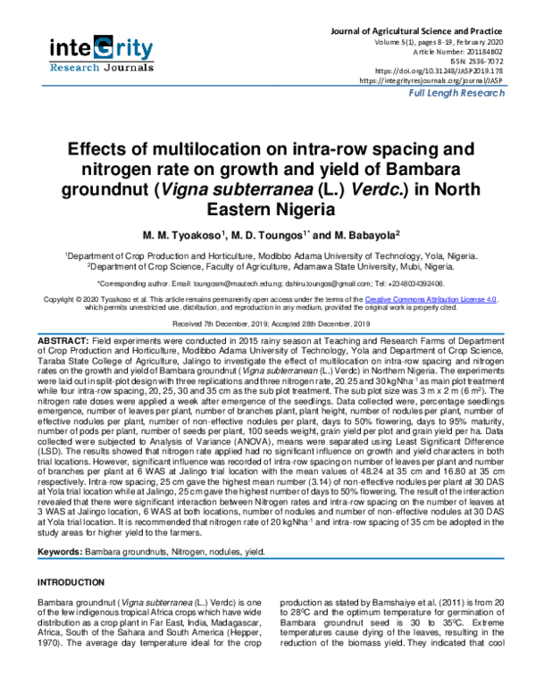 (PDF) Effects of multilocation on intra-row spacing and nitrogen rate on growth and yield of ...