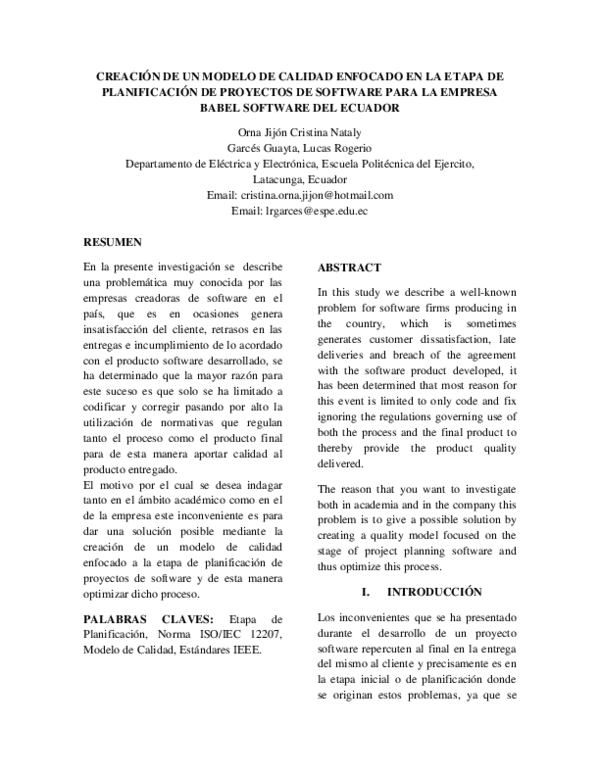 (PDF) Artículo Científico - Modelo de calidad para la etapa de planificación de Proyectos ...