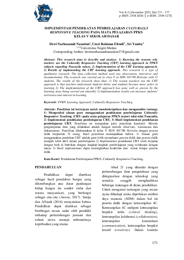 (PDF) Implementasi Pendekatan Pembelajaran Culturally Responsive Teaching Pada Mata Pelajaran ...