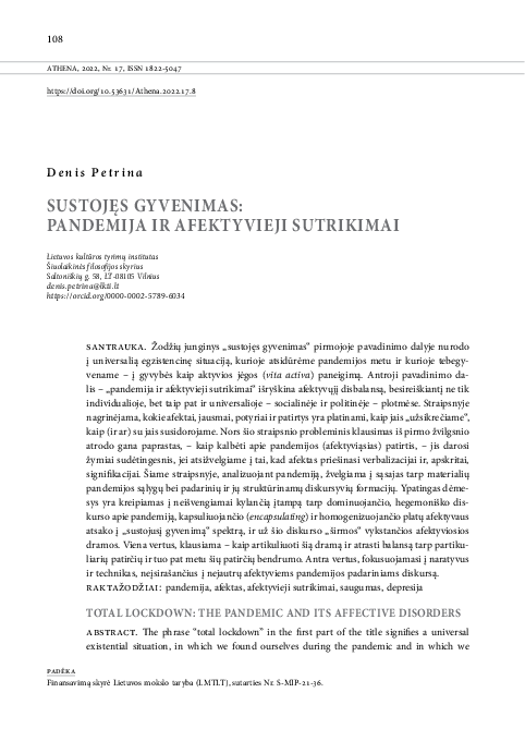 (PDF) Sustojęs gyvenimas: pandemija ir afektyvieji sutrikimai