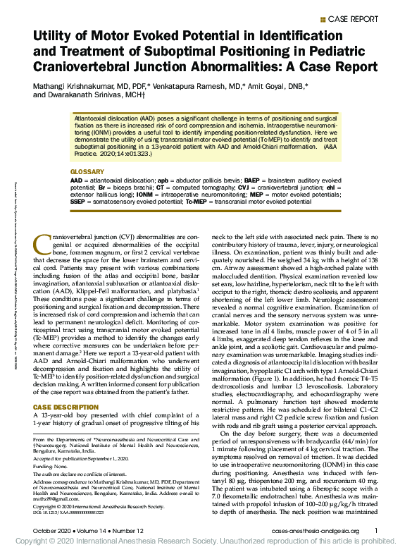(PDF) Utility of Motor Evoked Potential in Identification and Treatment ...