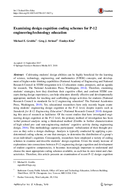 Pdf Examining Design Cognition Coding Schemes For P 12 Engineering