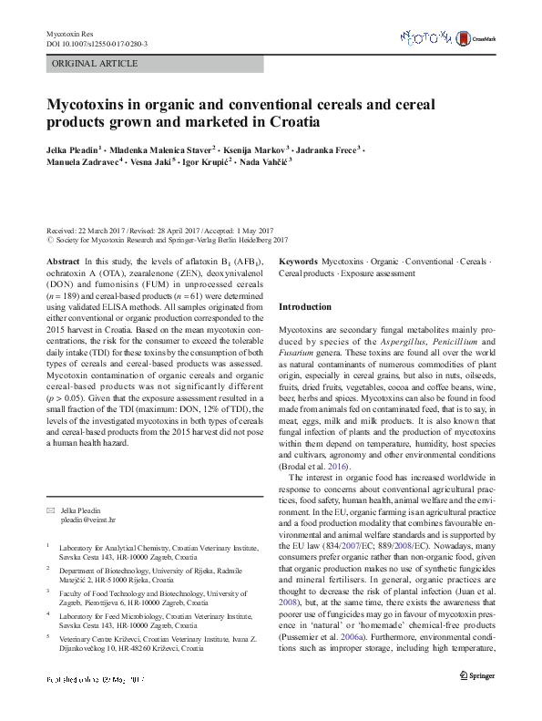 (PDF) Mycotoxins in organic and conventional cereals and cereal ...