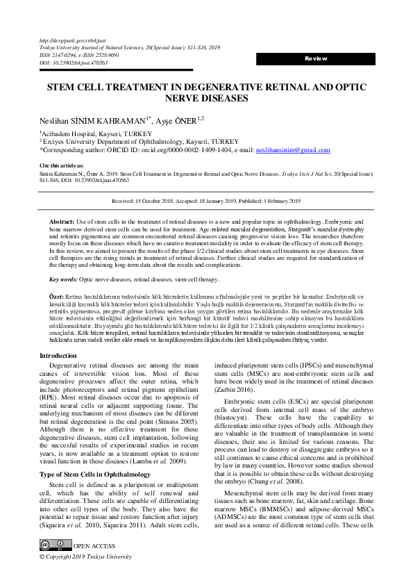 (PDF) Stem Cell Treatment in Degenerative Retinal and Optic Nerve Diseases