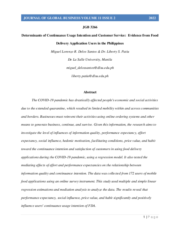Pdf Determinants Of Continuance Usage Intention And Customer Service Evidence From Food