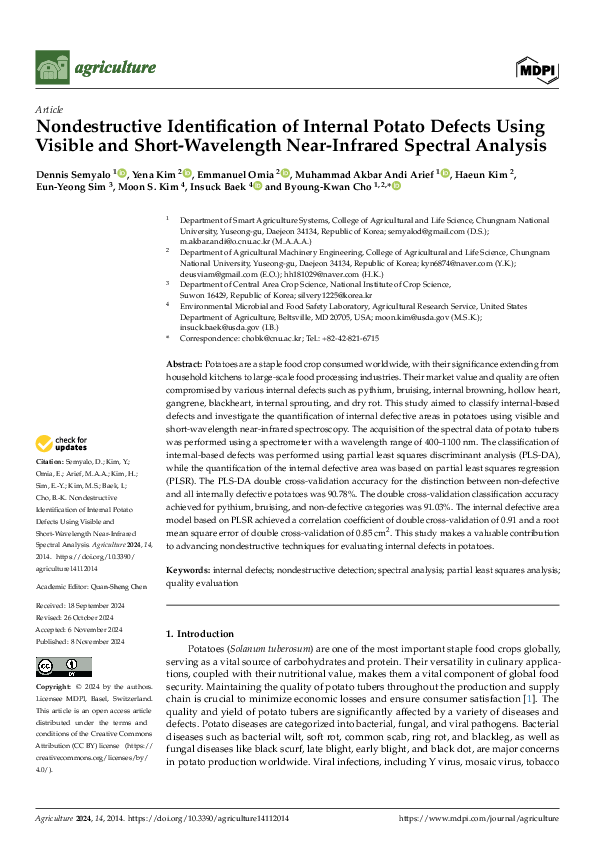 Pdf Nondestructive Identification Of Internal Potato Defects Using Visible And Short