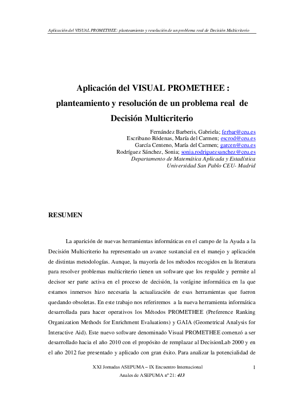 (PDF) Aplicación del VISUAL PROMETHEE: planteamiento y resolución de un ...