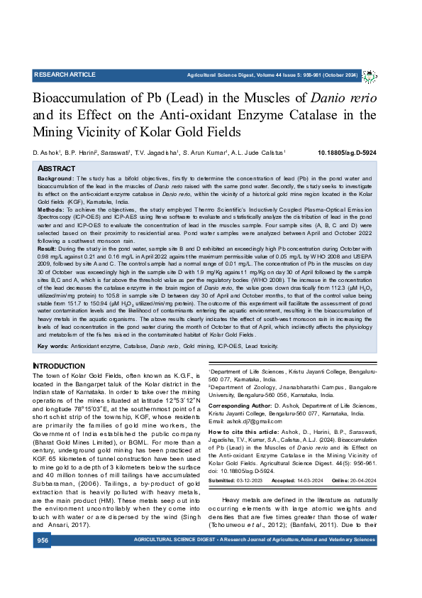 (PDF) Bioaccumulation of Pb (Lead) in the Muscles of Danio rerio and ...