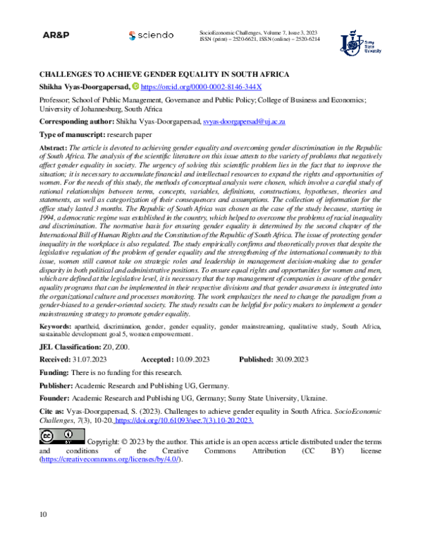 (PDF) Challenges to achieve gender equality in South Africa