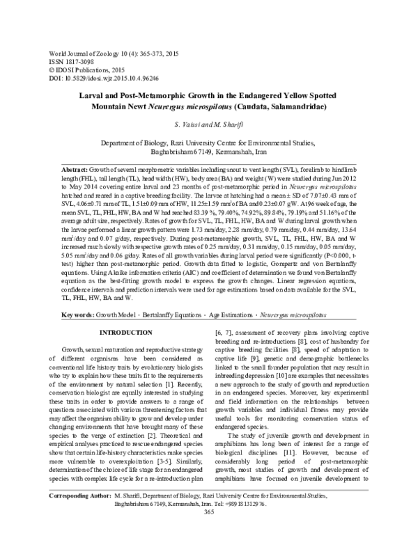 (PDF) Larval and Post-Metamorphic Growth in the Endangered Yellow ...